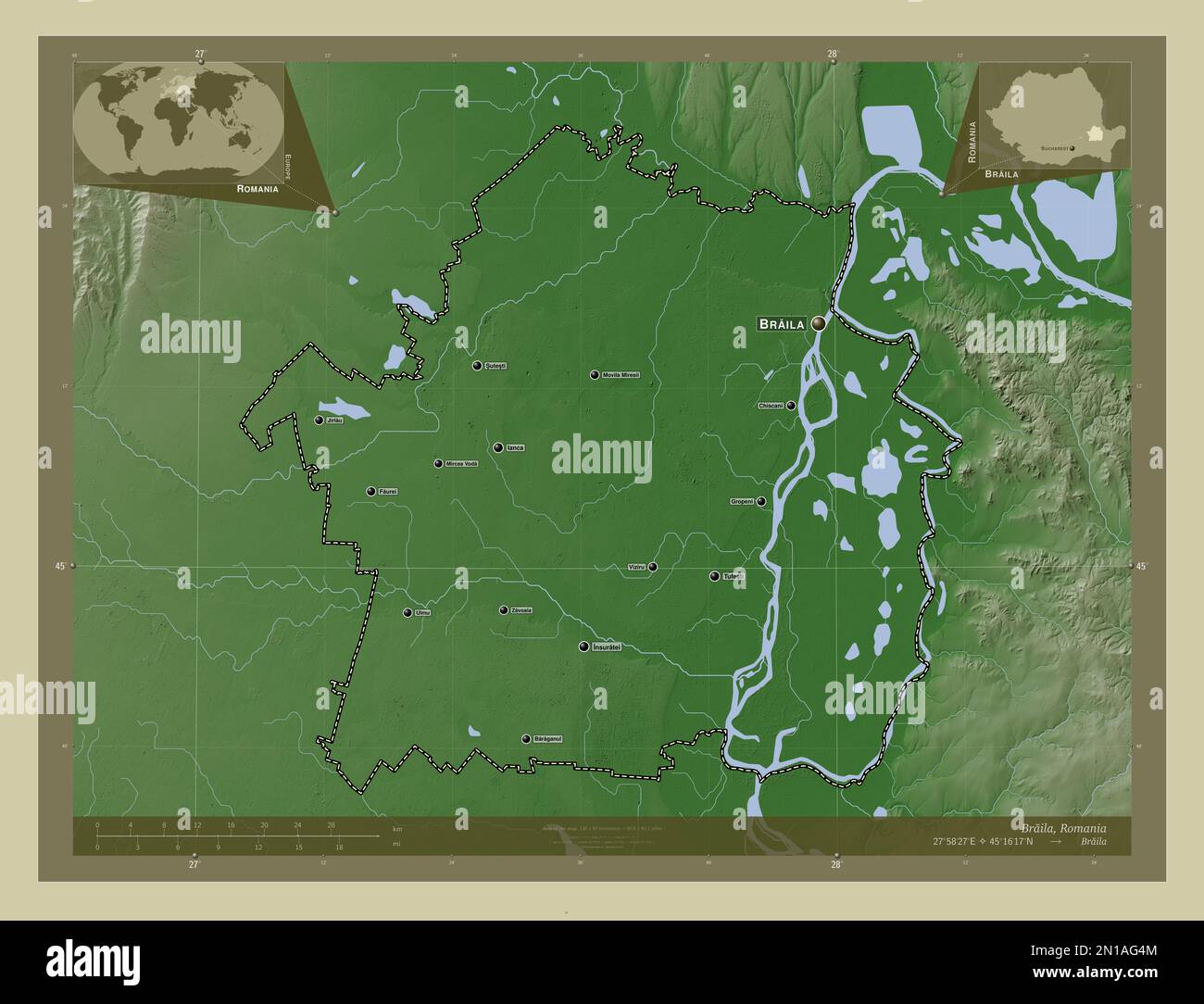 Braila, county of Romania. Elevation map colored in wiki style with ...