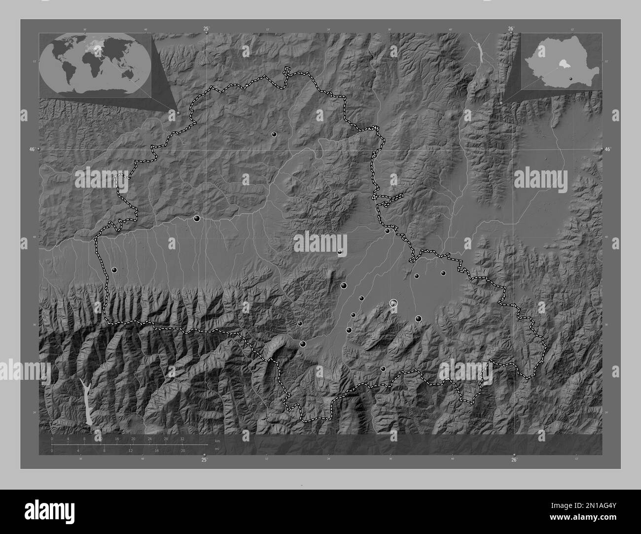 Brasov, county of Romania. Grayscale elevation map with lakes and ...