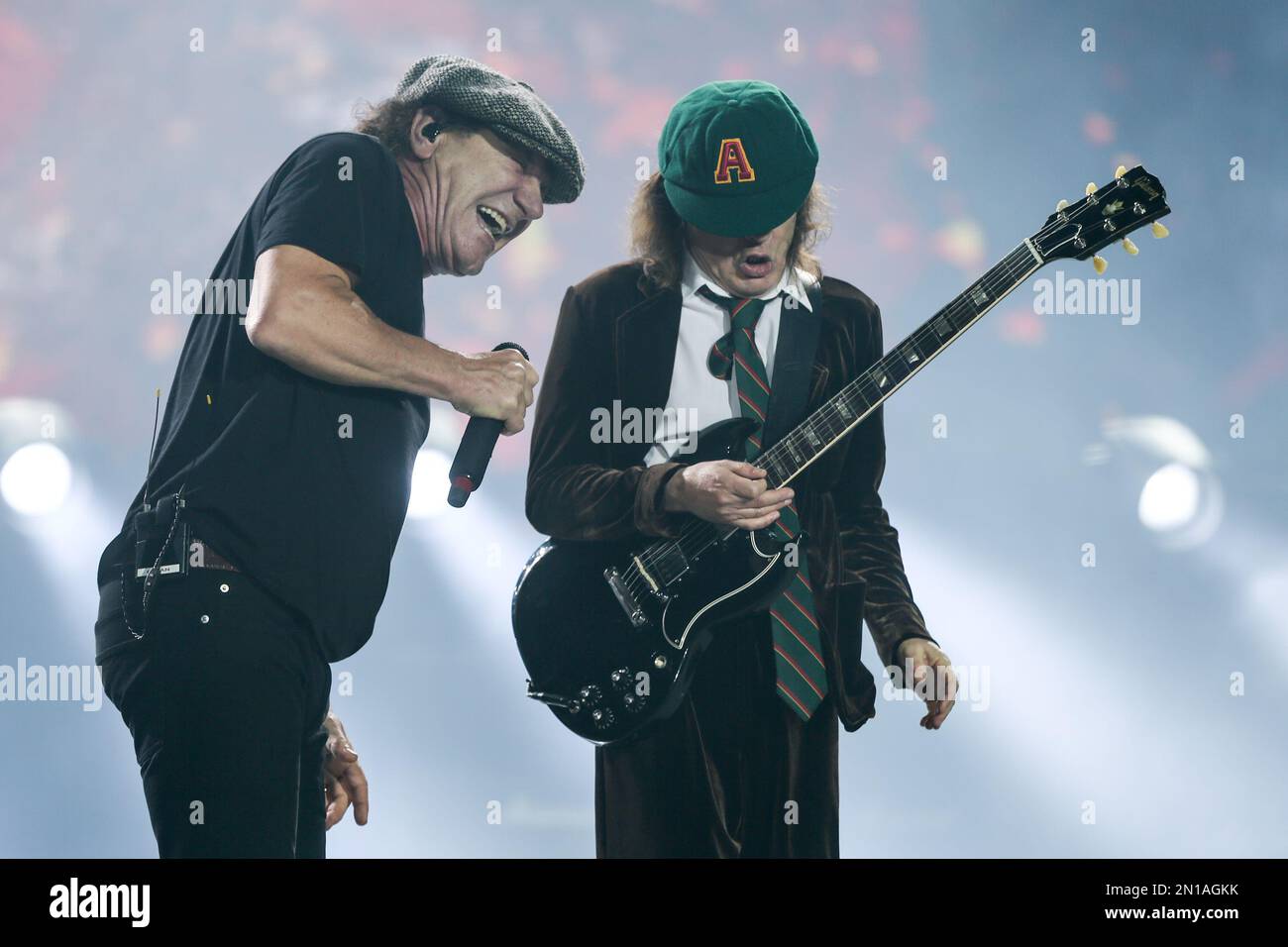 Brian Johnson, left, and Angus Young of AC/DC perform during the final ...