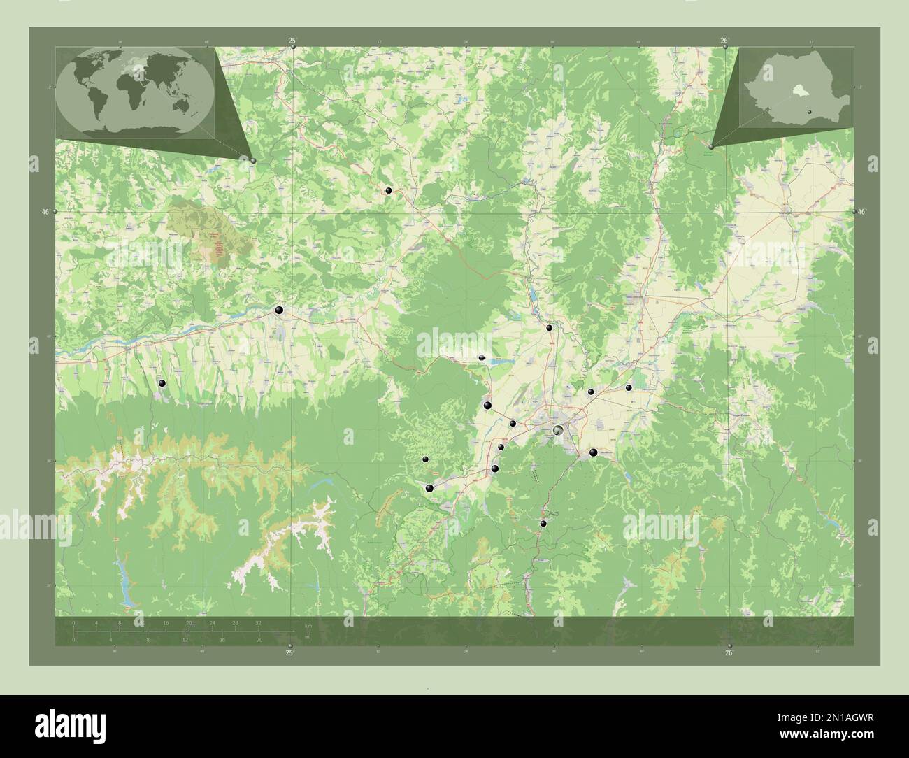 Brasov, county of Romania. Open Street Map. Locations of major cities ...