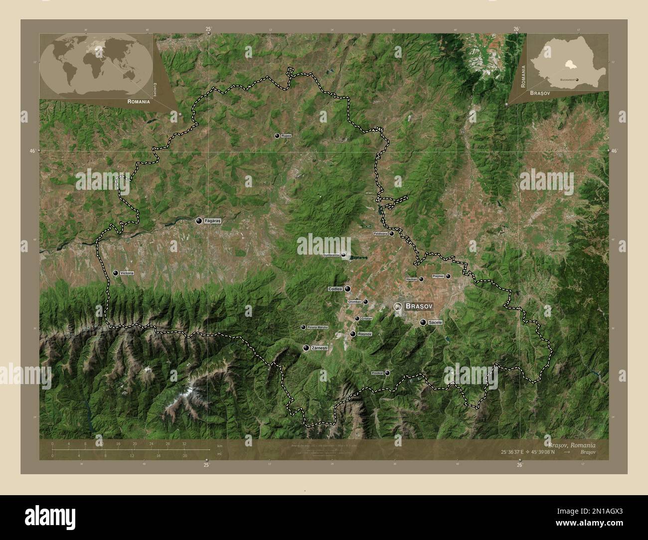 Brasov, county of Romania. High resolution satellite map. Locations and ...