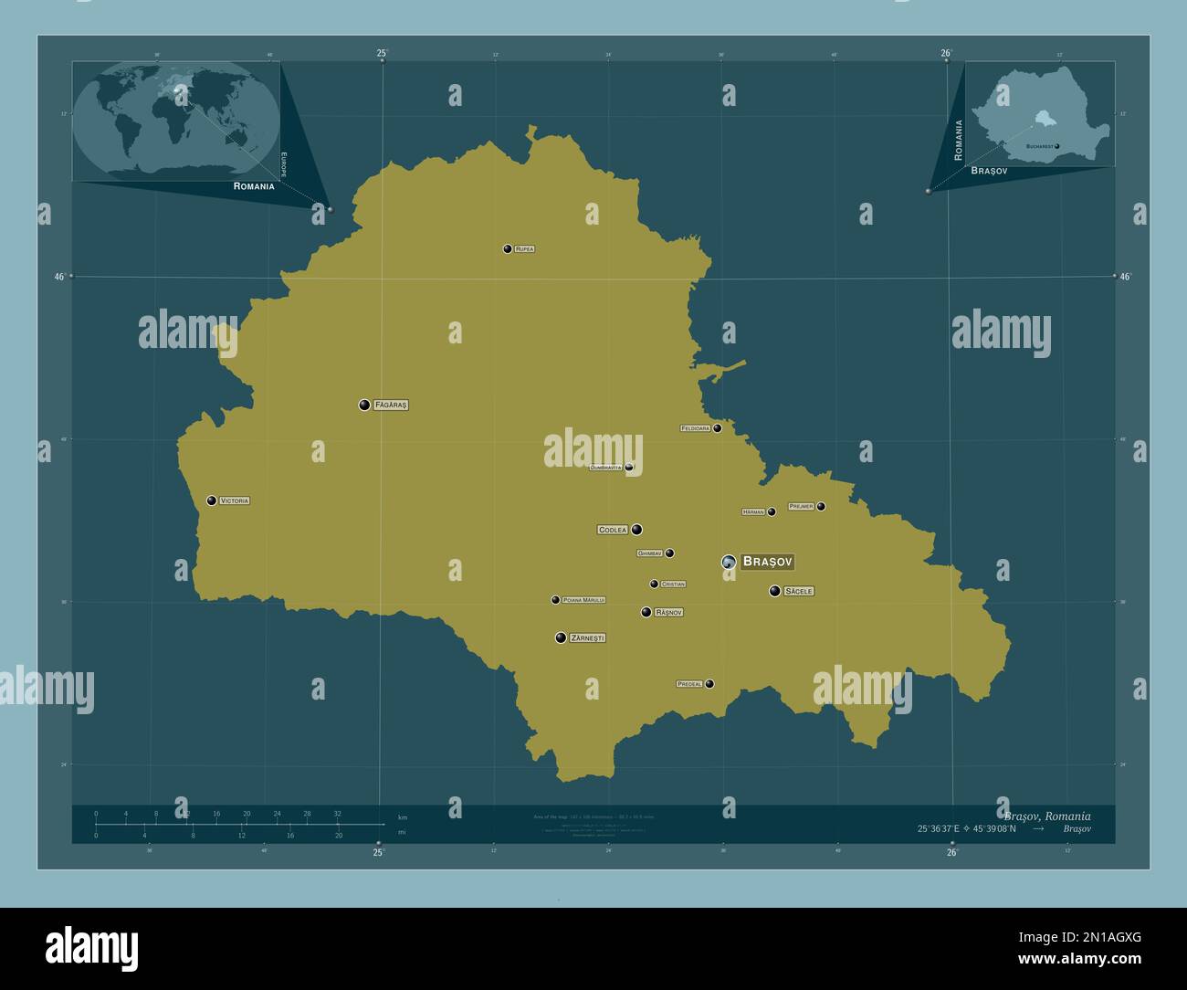 Brasov, county of Romania. Solid color shape. Locations and names of ...