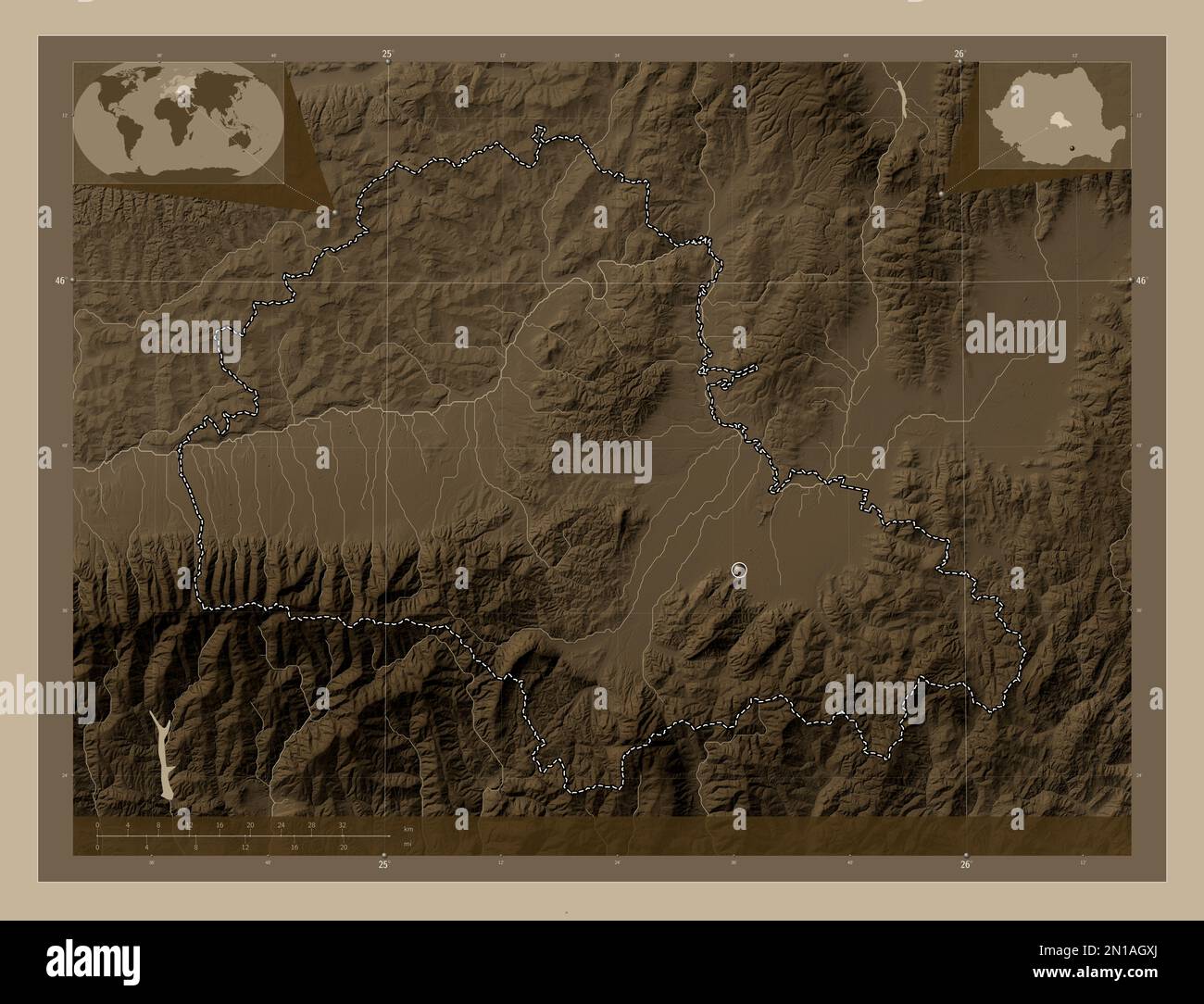 Brasov, county of Romania. Elevation map colored in sepia tones with ...