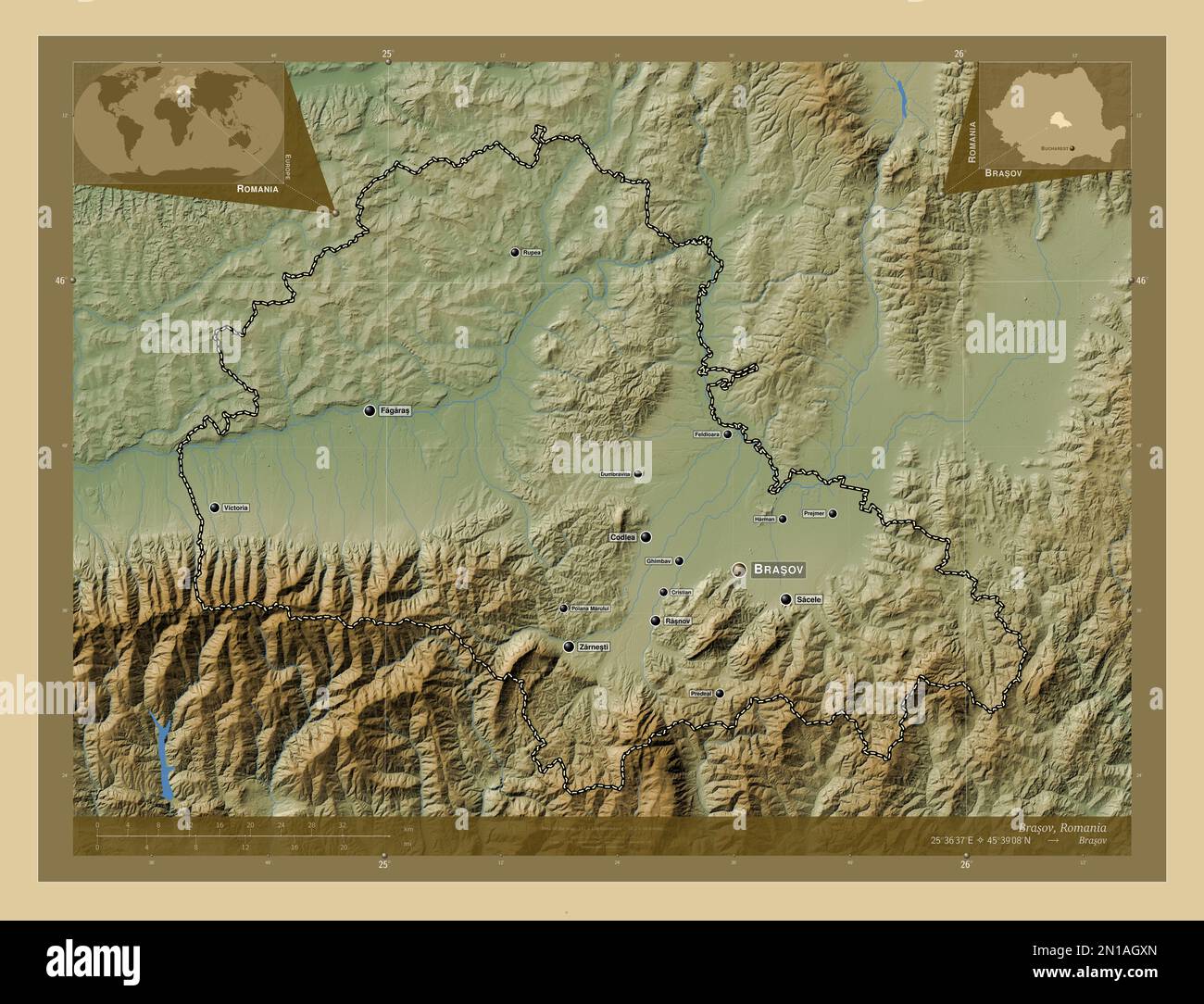 Brasov, county of Romania. Colored elevation map with lakes and rivers ...