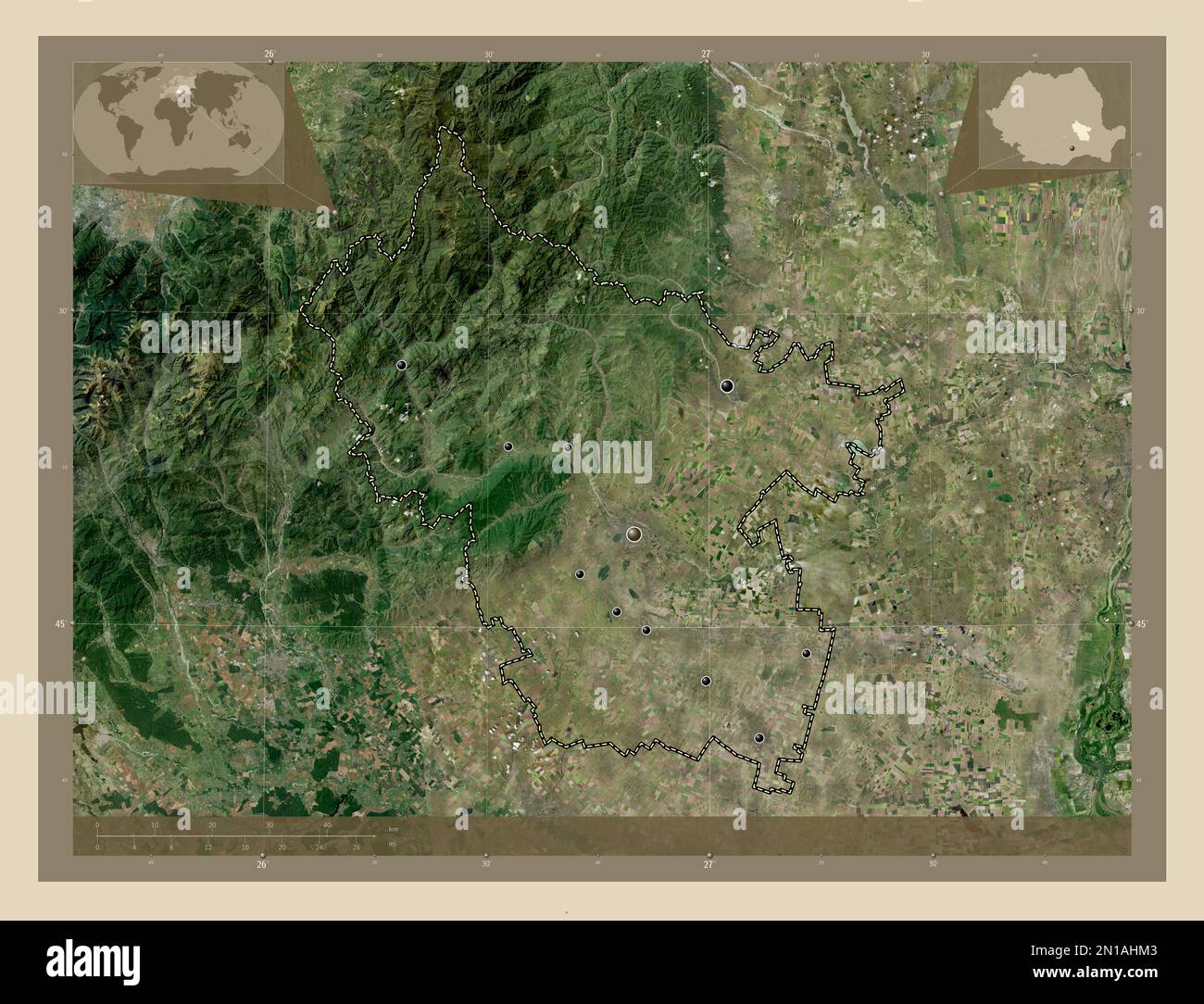 Buzau, county of Romania. High resolution satellite map. Locations of ...
