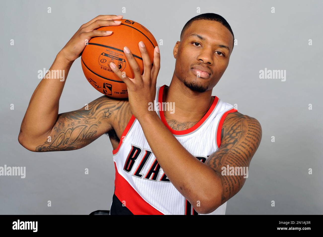Portland Trail Blazers' Damian Lillard poses for a portrait during the ...