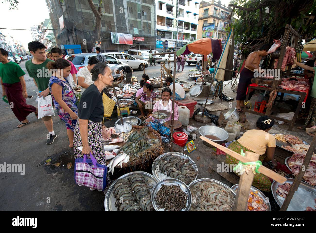 People at outdoor fish market on road, Yangon, Myanmar Stock Photo - Alamy