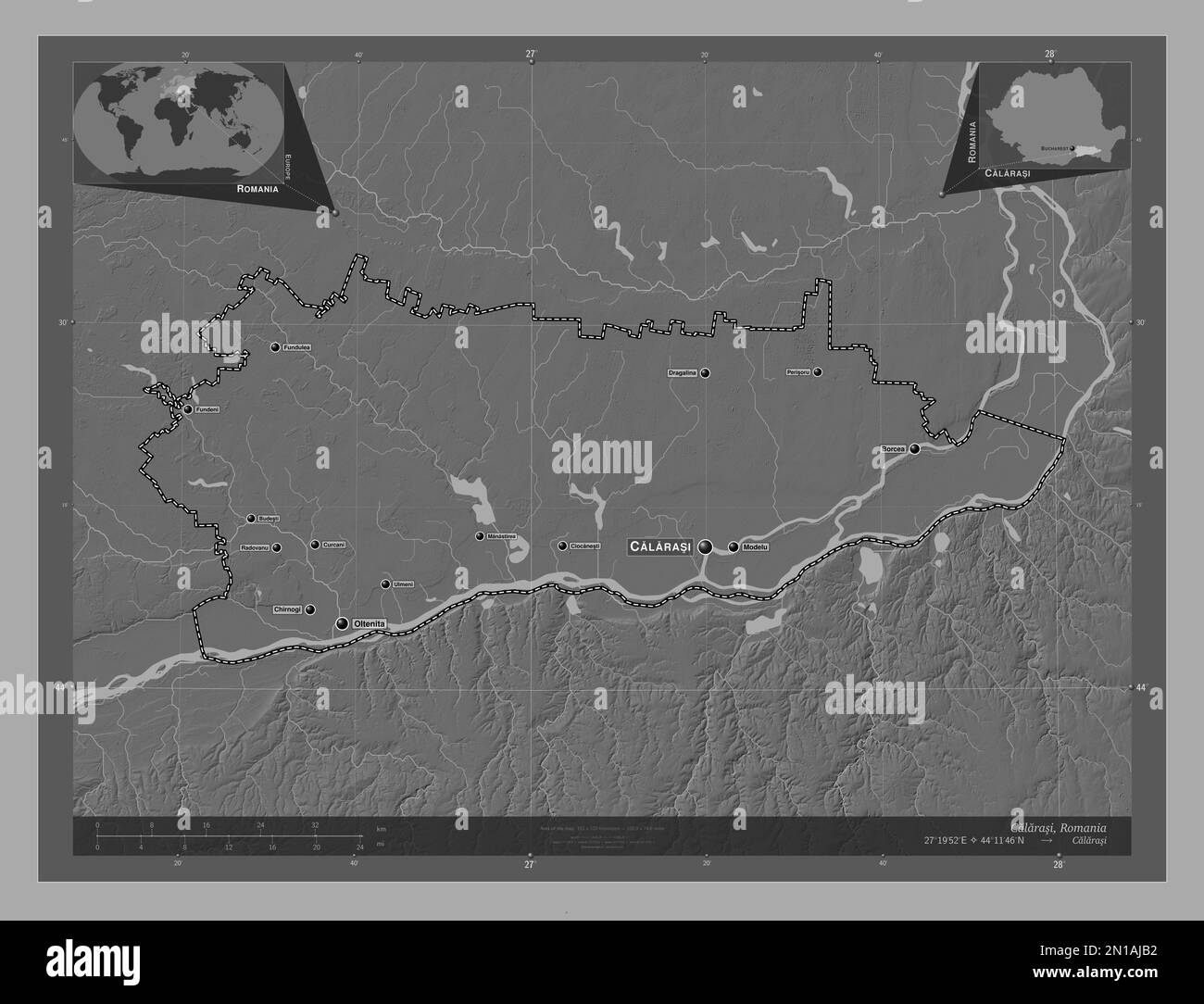 Calarasi, county of Romania. Bilevel elevation map with lakes and ...