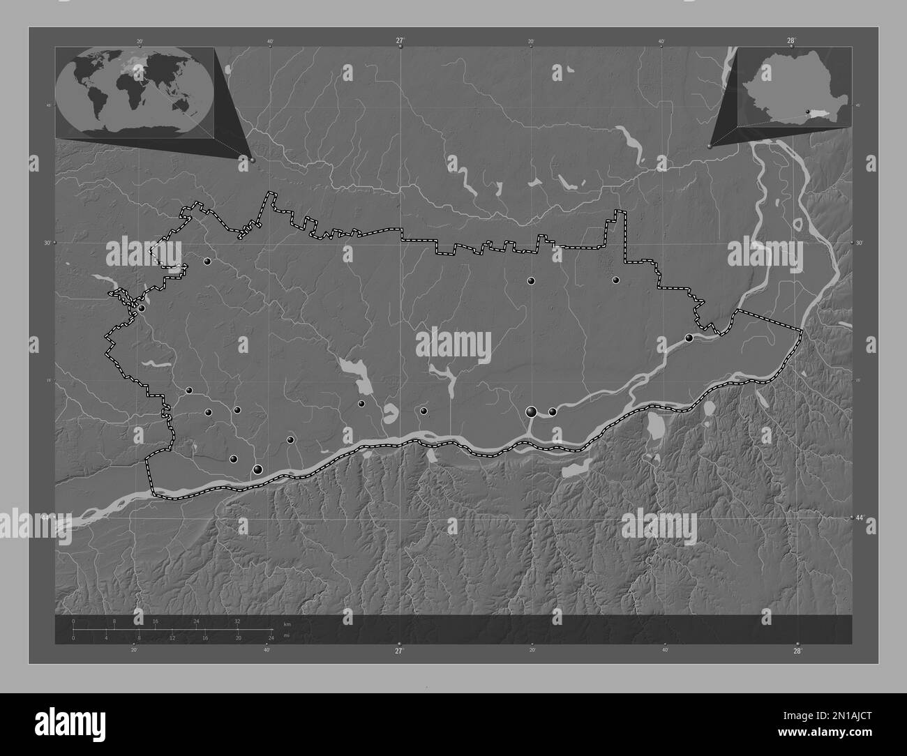 Calarasi, county of Romania. Bilevel elevation map with lakes and ...