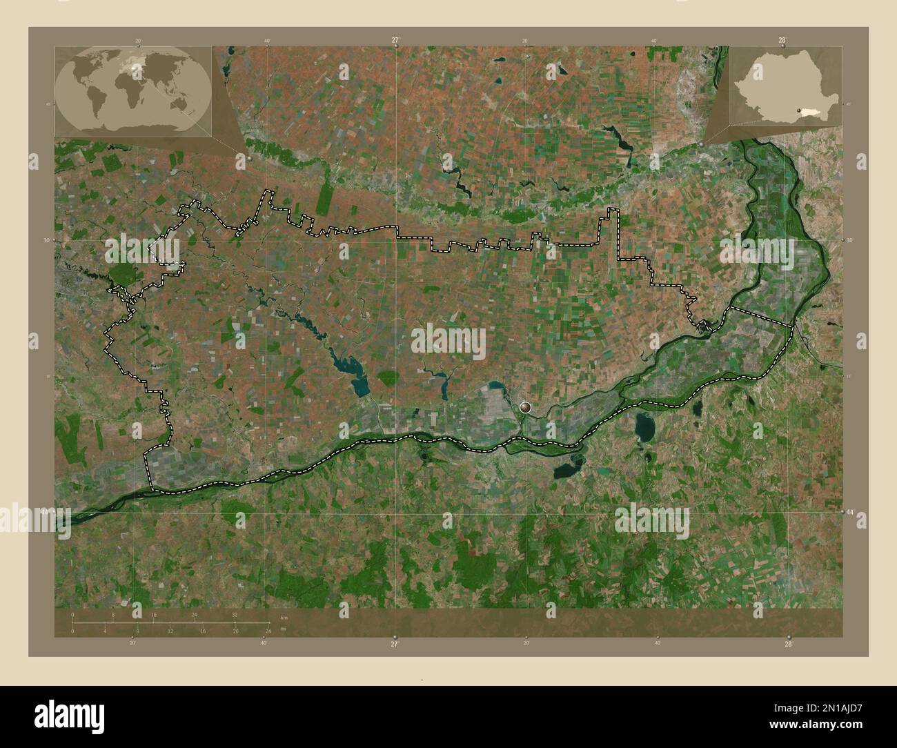 Calarasi, county of Romania. High resolution satellite map. Corner ...