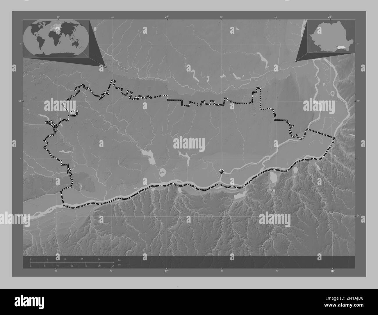Calarasi, county of Romania. Grayscale elevation map with lakes and ...