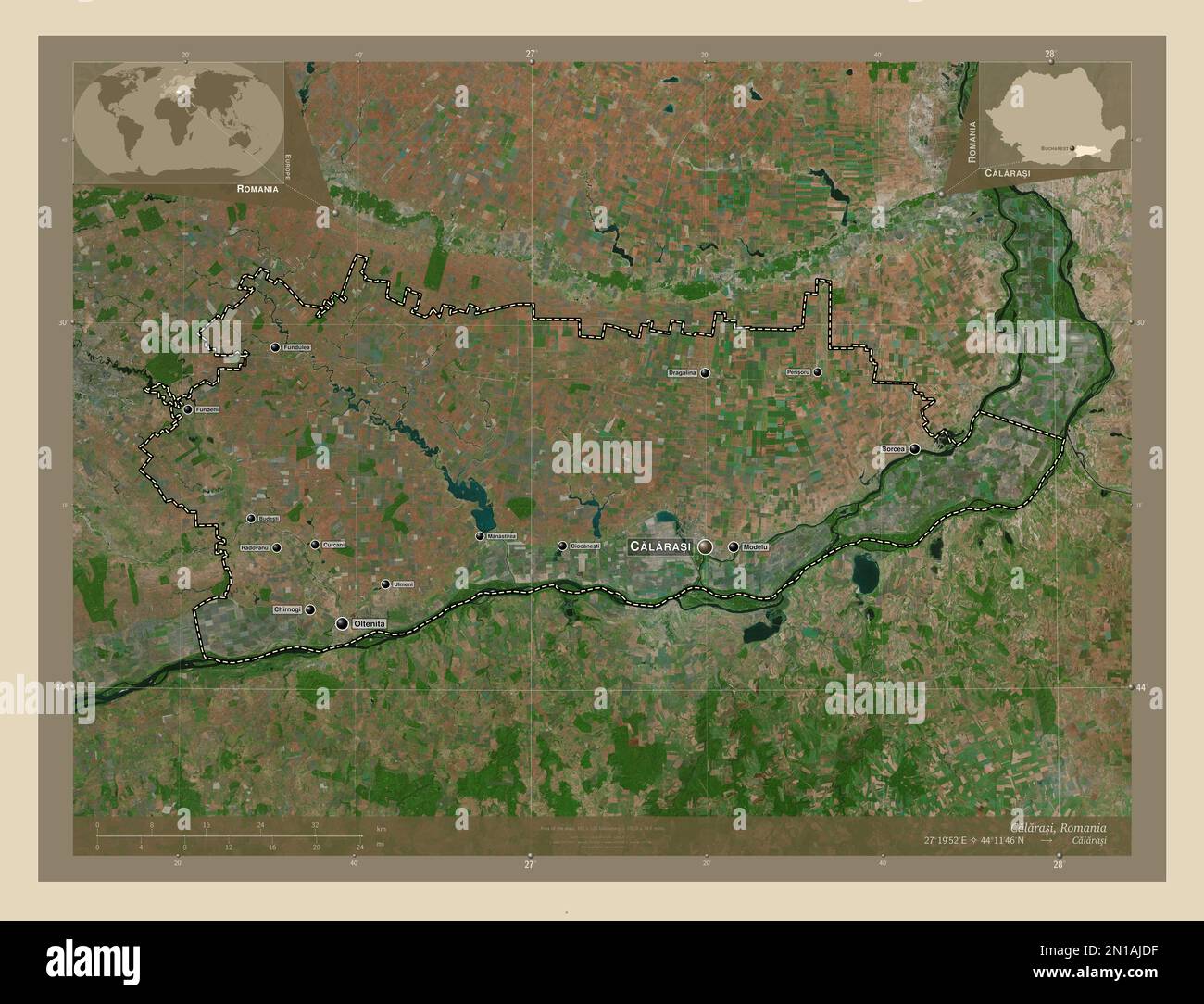 Calarasi, county of Romania. High resolution satellite map. Locations ...