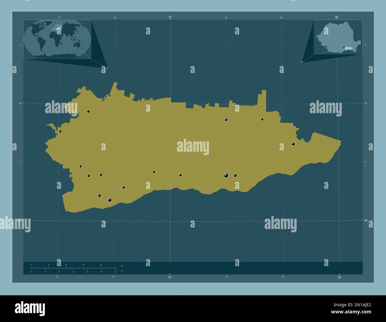 Calarasi, county of Romania. Solid color shape. Locations of major ...