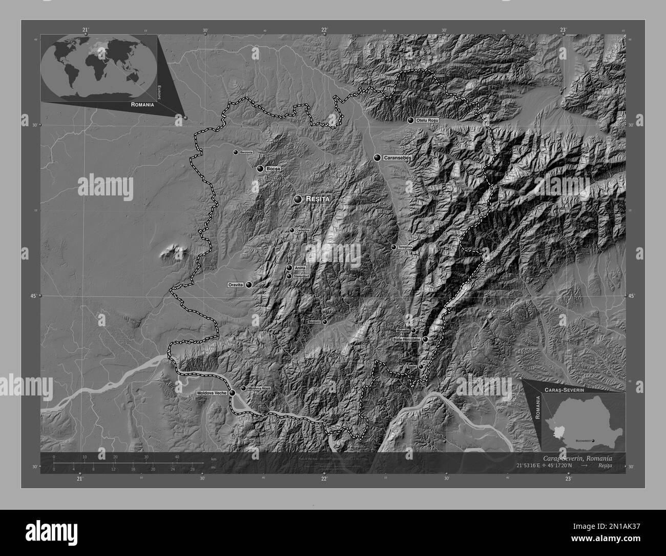 Caras-Severin, county of Romania. Bilevel elevation map with lakes and ...