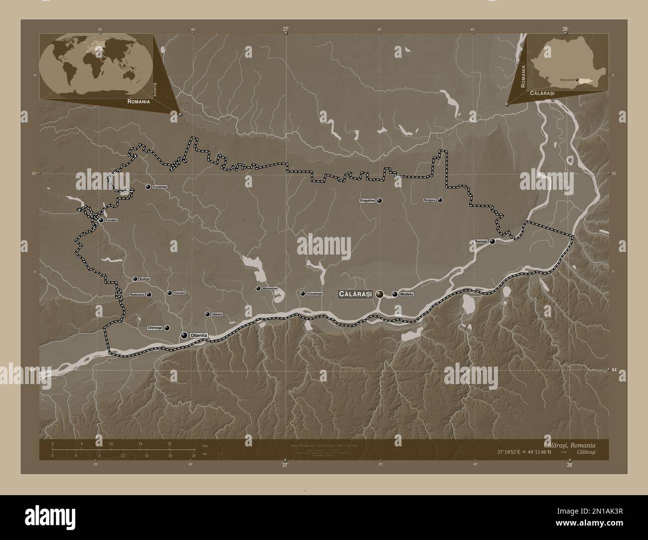 Calarasi, county of Romania. Elevation map colored in sepia tones with ...