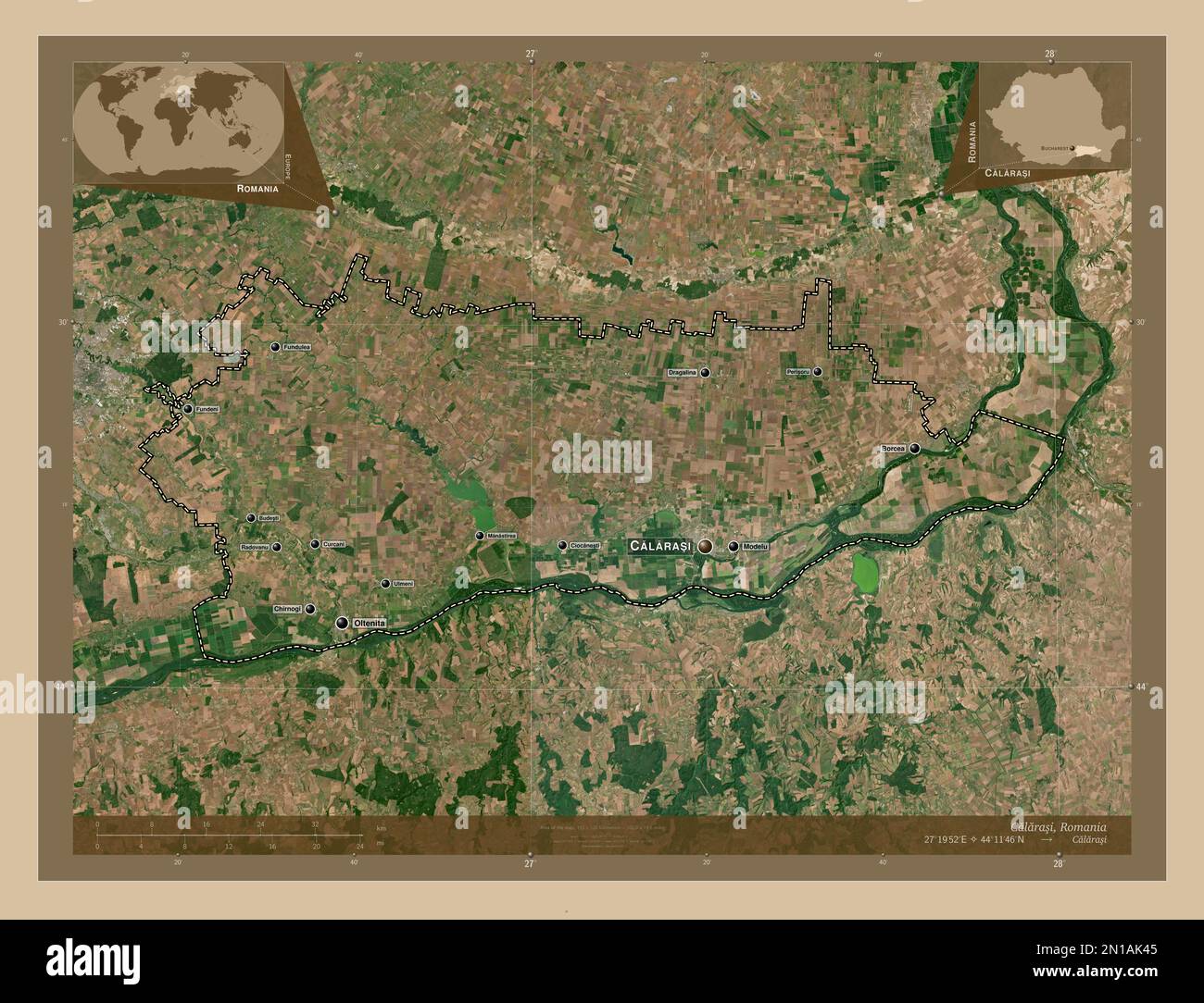 Calarasi, county of Romania. Low resolution satellite map. Locations ...