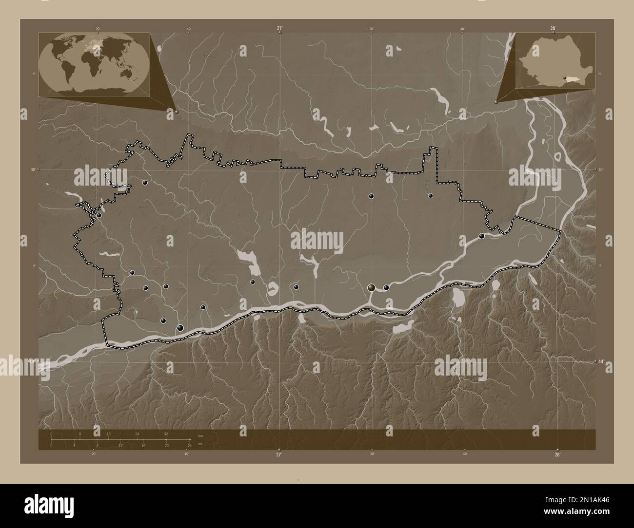 Calarasi, county of Romania. Elevation map colored in sepia tones with ...