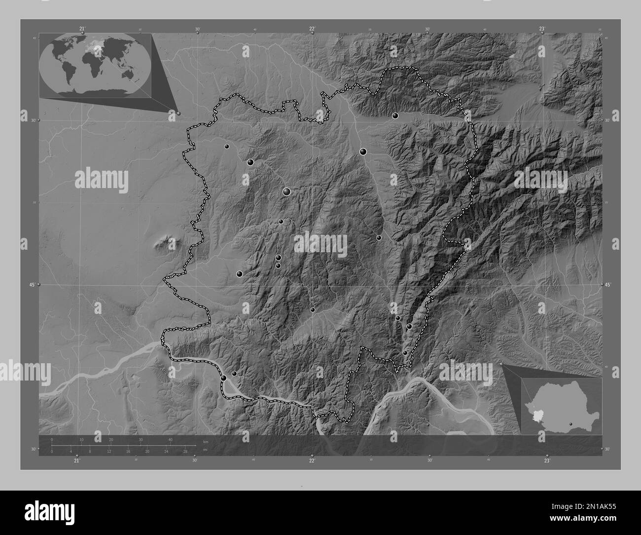 Caras-Severin, county of Romania. Grayscale elevation map with lakes ...