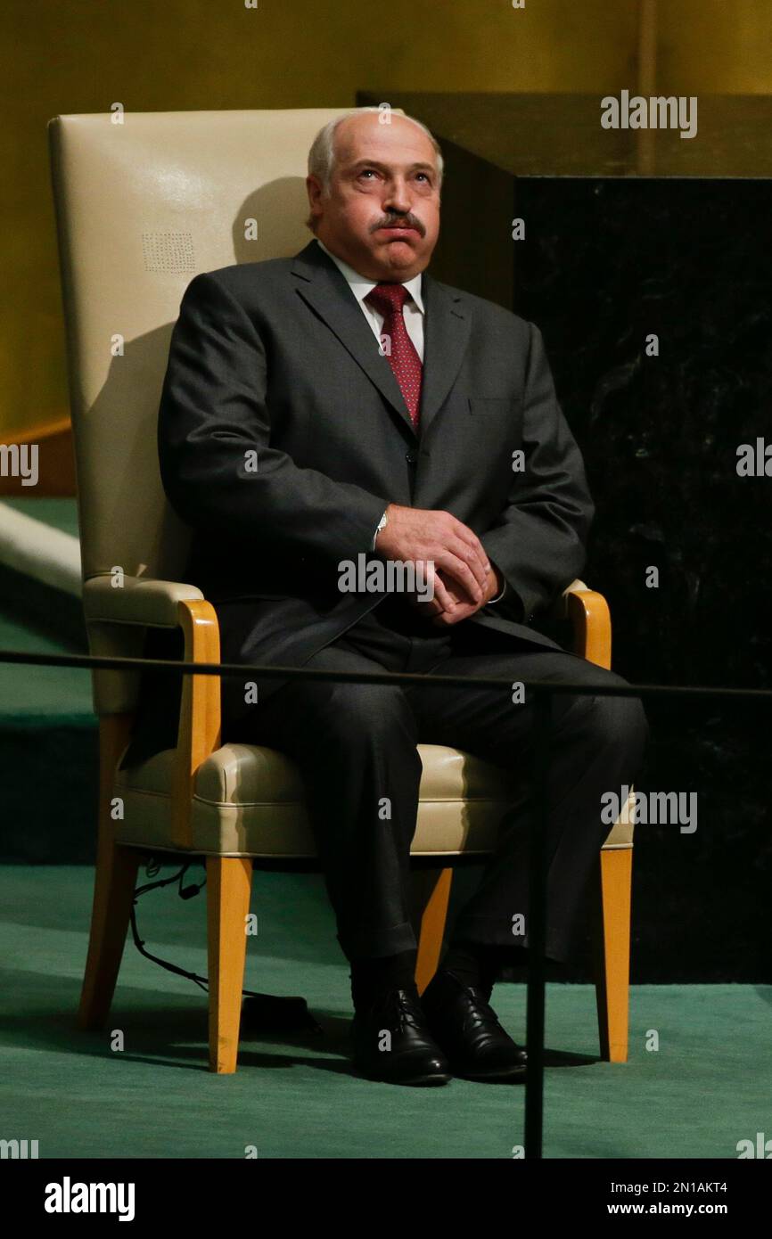 President Alexander Lukashenko, of Belarus, takes a breath before ...