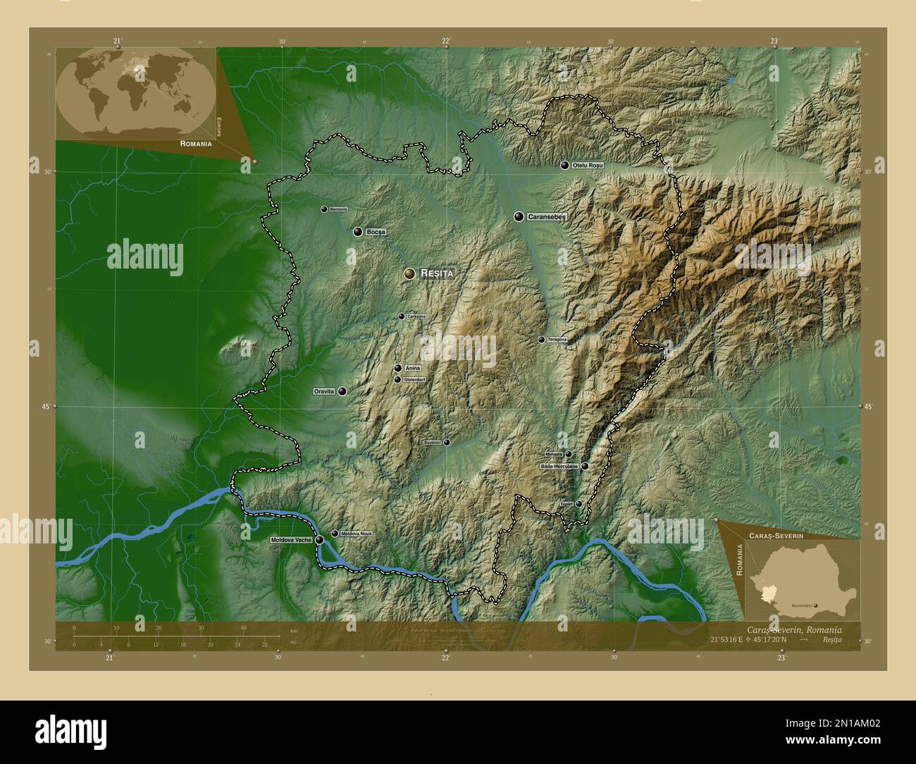 Caras-Severin, county of Romania. Colored elevation map with lakes and ...