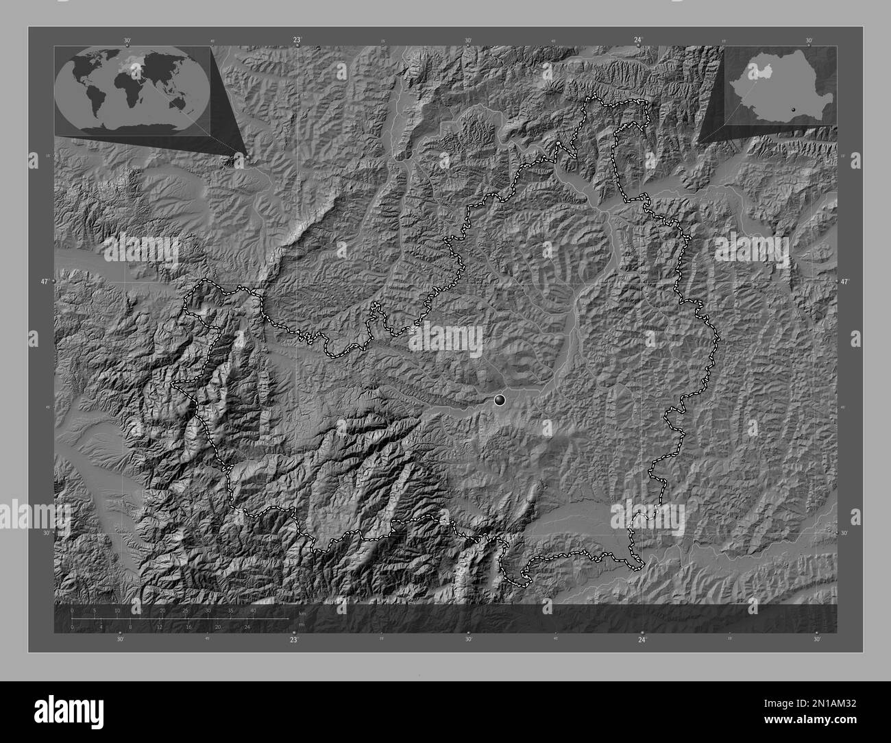 Cluj, county of Romania. Bilevel elevation map with lakes and rivers ...