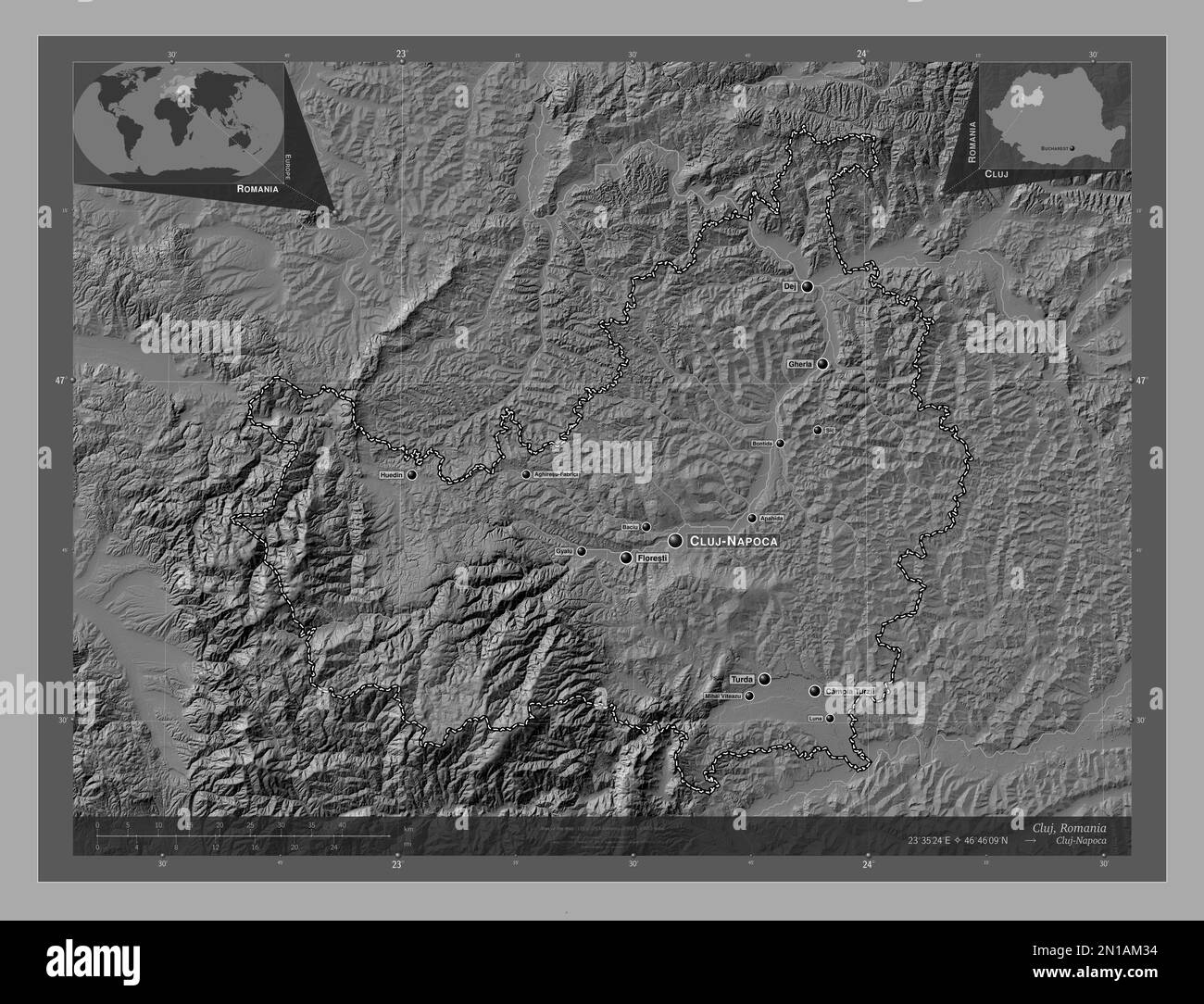 Cluj, county of Romania. Bilevel elevation map with lakes and rivers ...