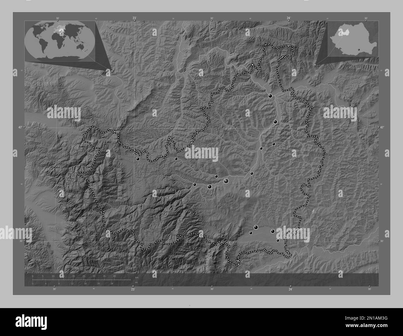 Cluj, county of Romania. Grayscale elevation map with lakes and rivers ...