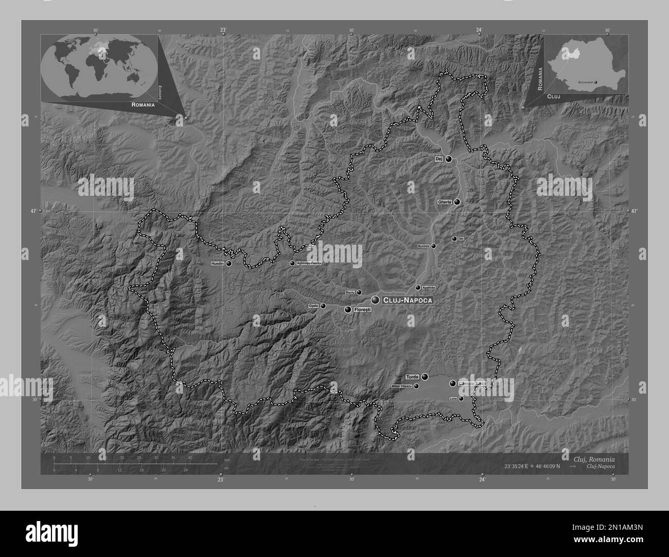 Cluj, county of Romania. Grayscale elevation map with lakes and rivers ...