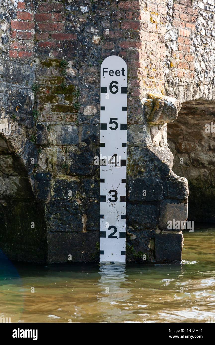 Water level indicator on the River Darent at Eynsford, Kent, UK Stock ...