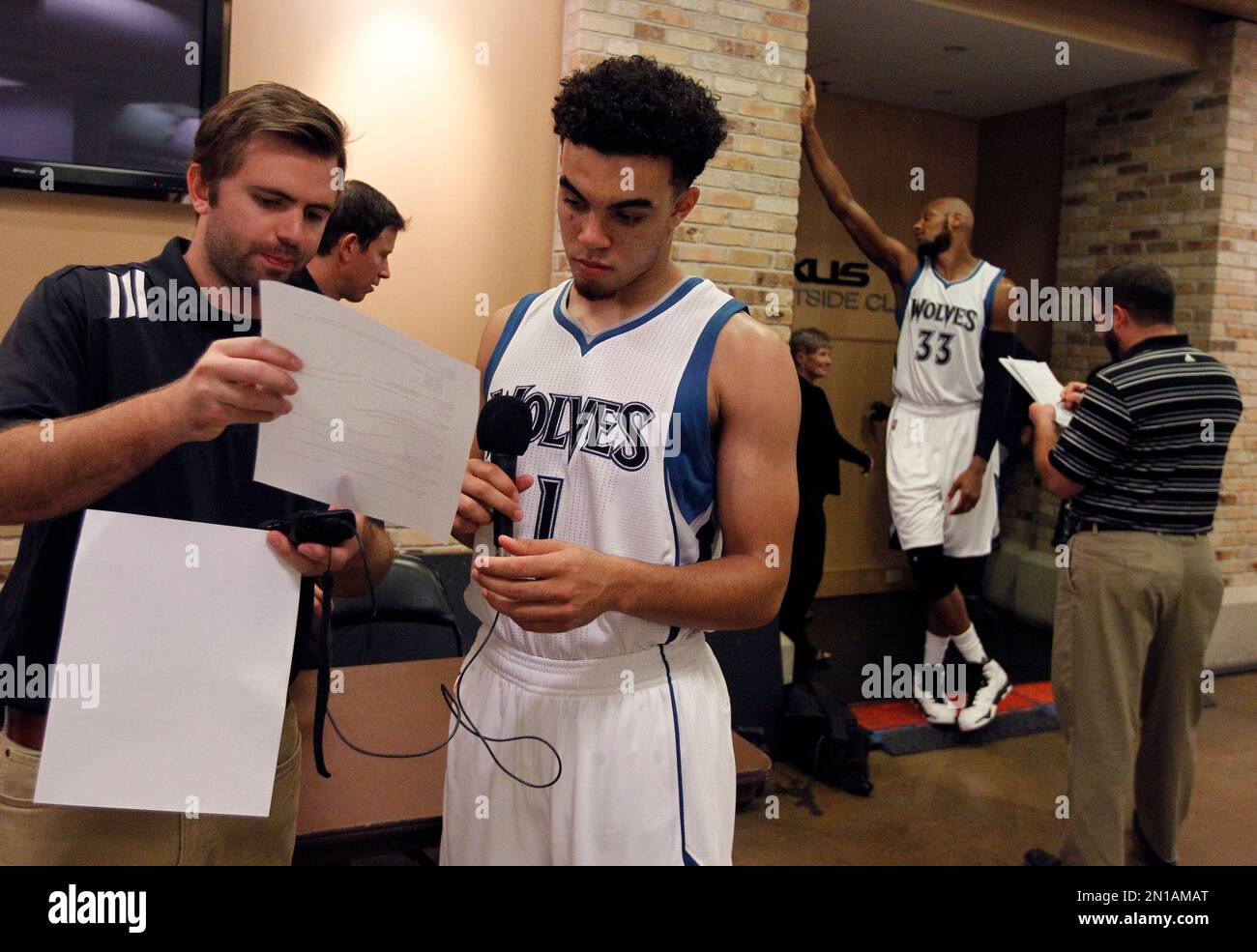 Minnesota Timberwolves guard Tyus Jones (1) works on a broadcast ...