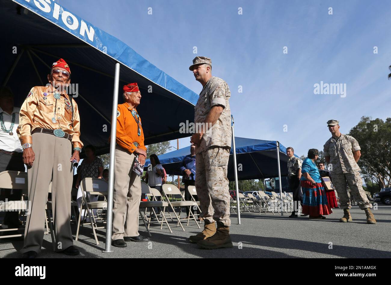 United States Marine MajGen Daniel Donohue talks with former Marines ...