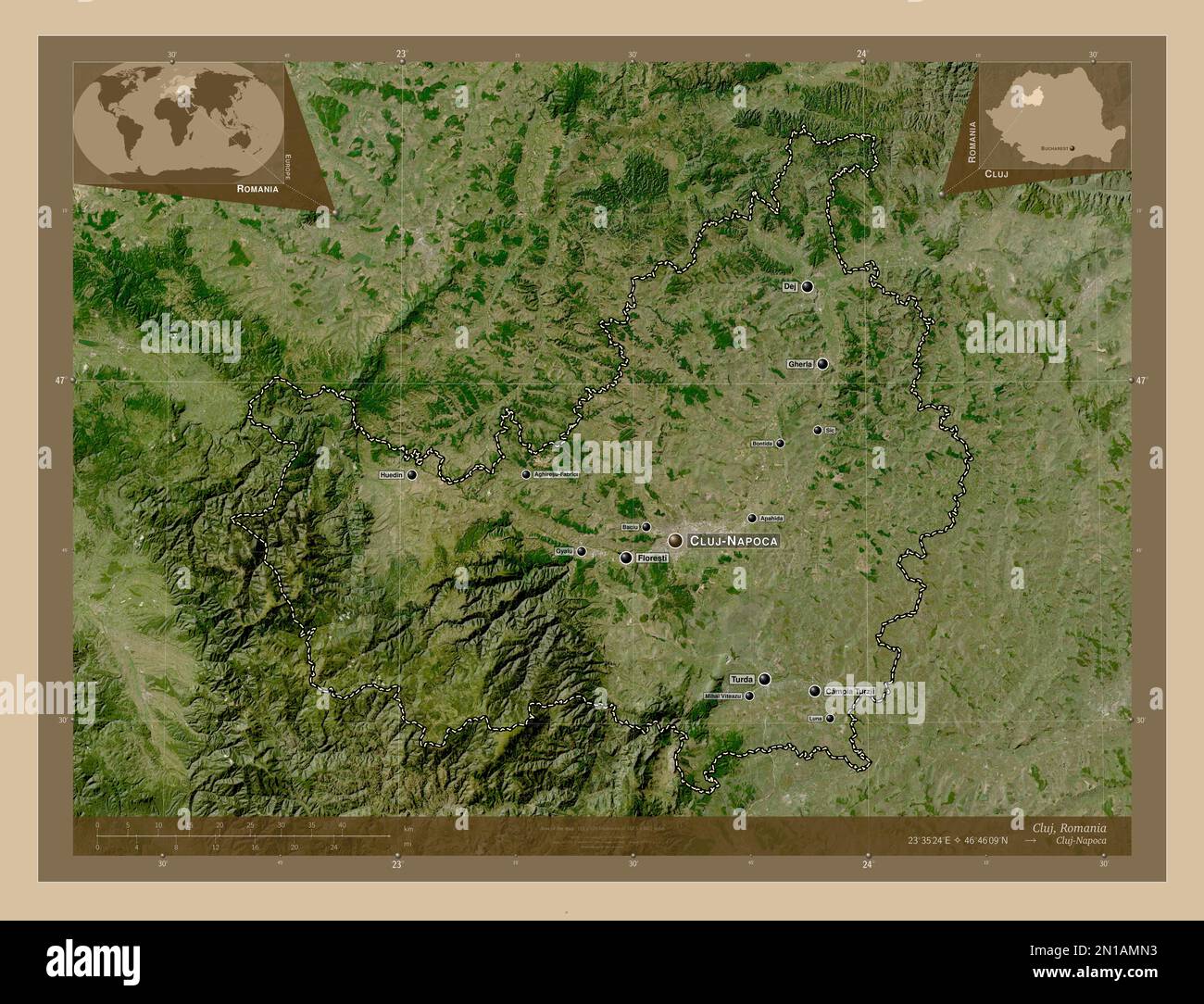 Cluj, county of Romania. Low resolution satellite map. Locations and ...