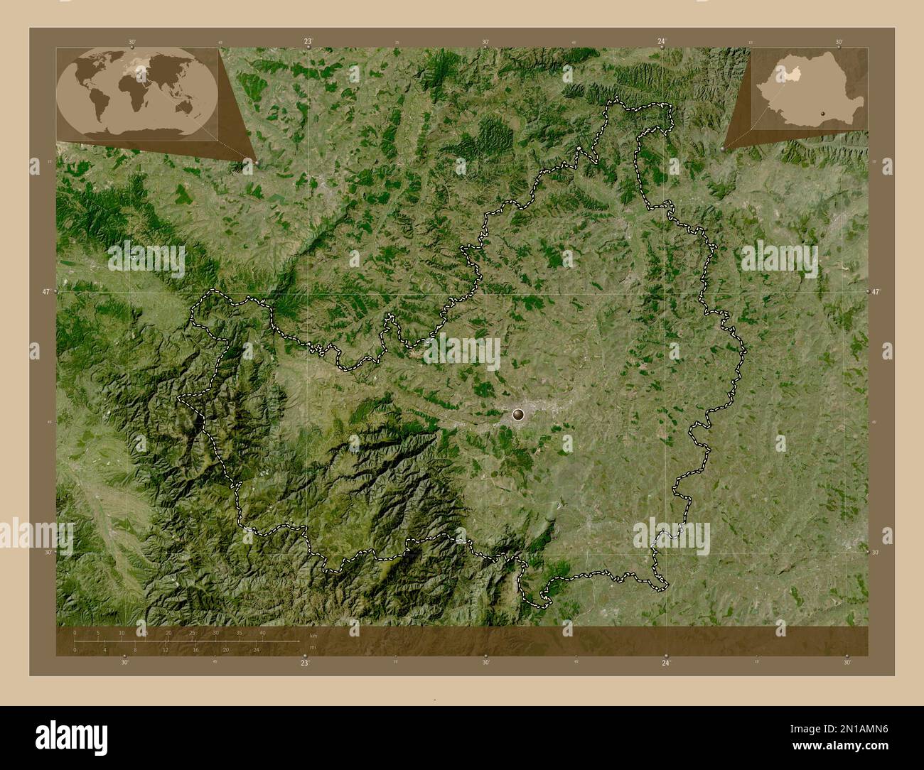 Cluj, county of Romania. Low resolution satellite map. Corner auxiliary ...