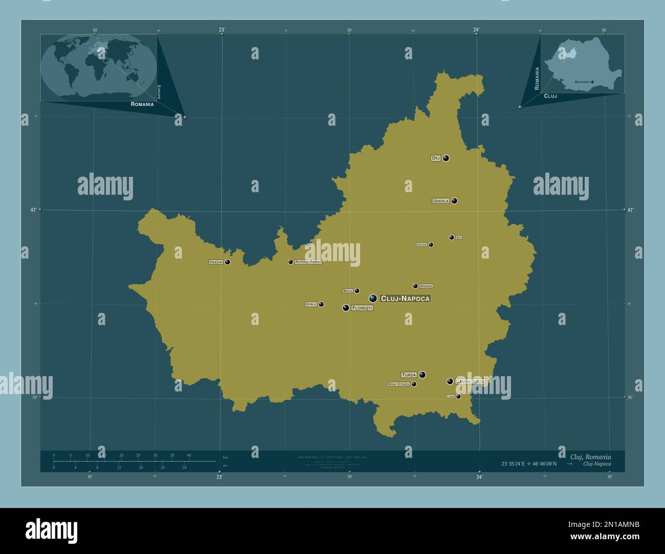 Cluj, county of Romania. Solid color shape. Locations and names of ...