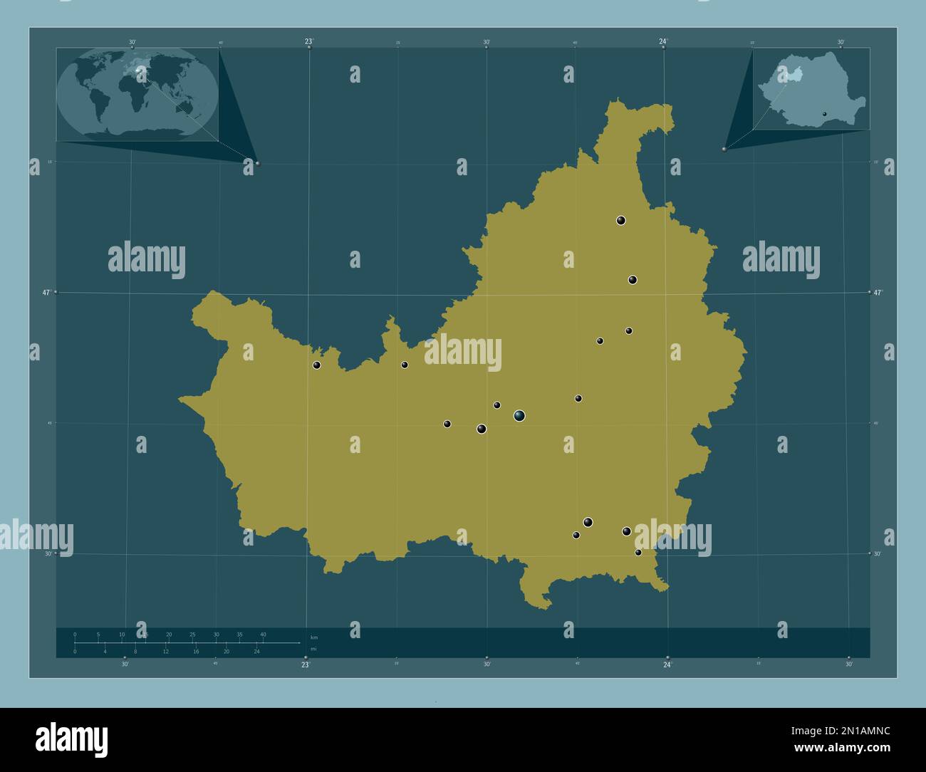 Cluj, county of Romania. Solid color shape. Locations of major cities ...