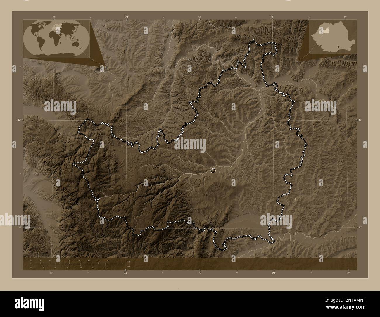 Cluj, county of Romania. Elevation map colored in sepia tones with ...