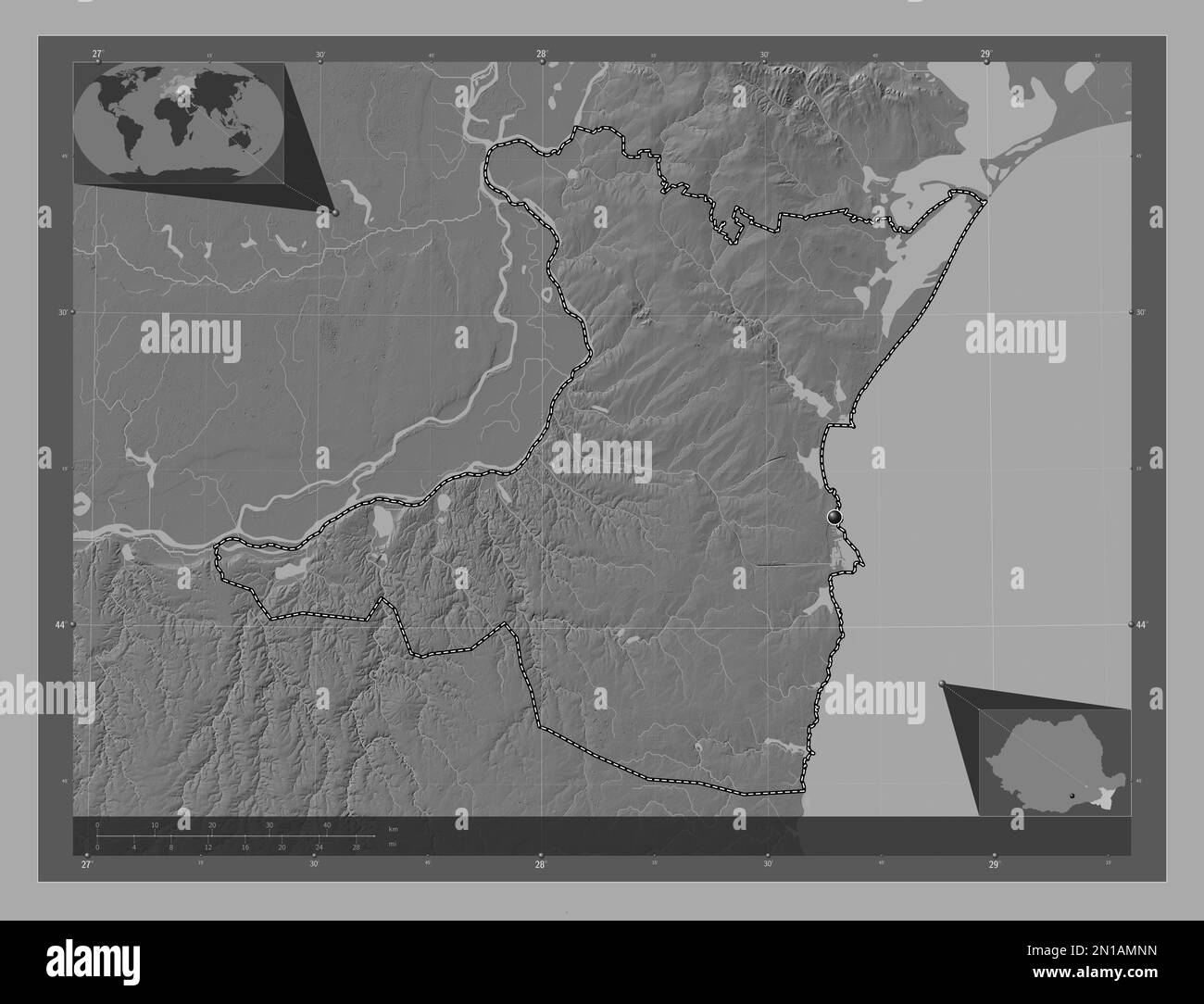 Constanta, county of Romania. Bilevel elevation map with lakes and ...