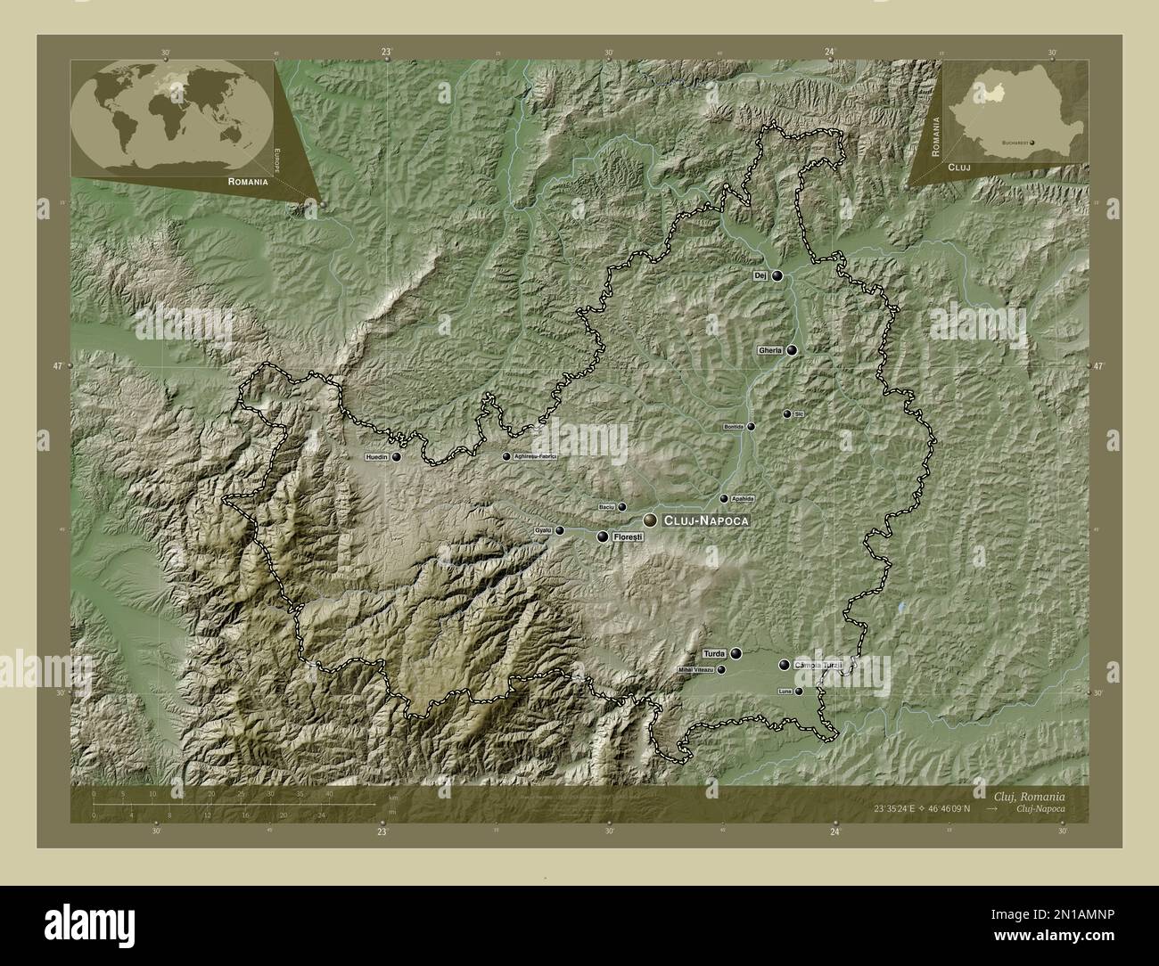 Cluj, county of Romania. Elevation map colored in wiki style with lakes ...