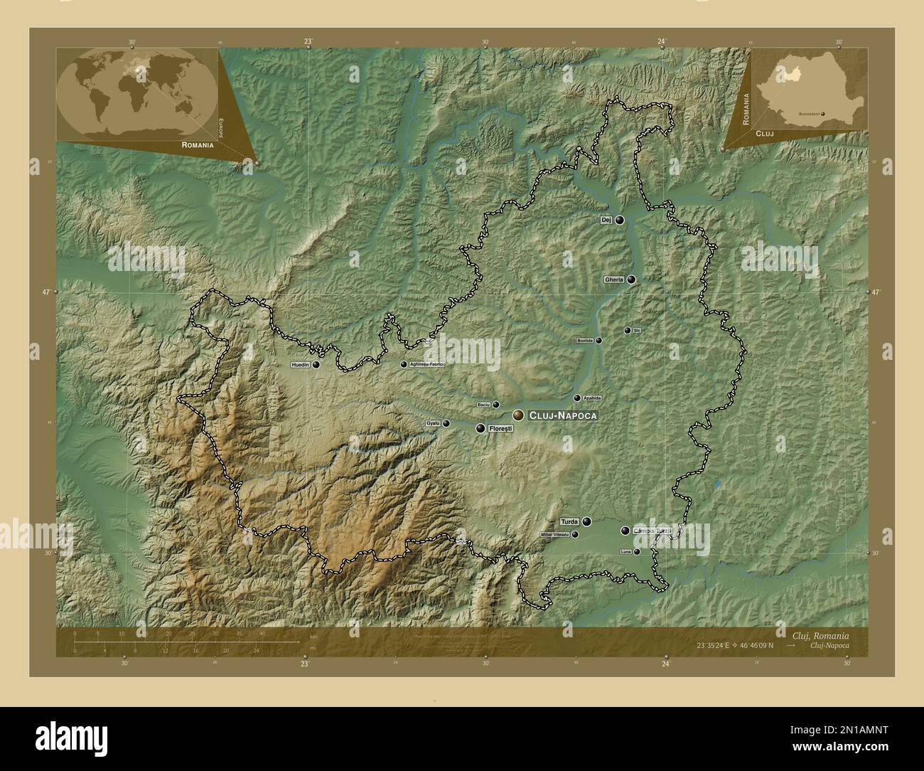 Cluj, county of Romania. Colored elevation map with lakes and rivers ...