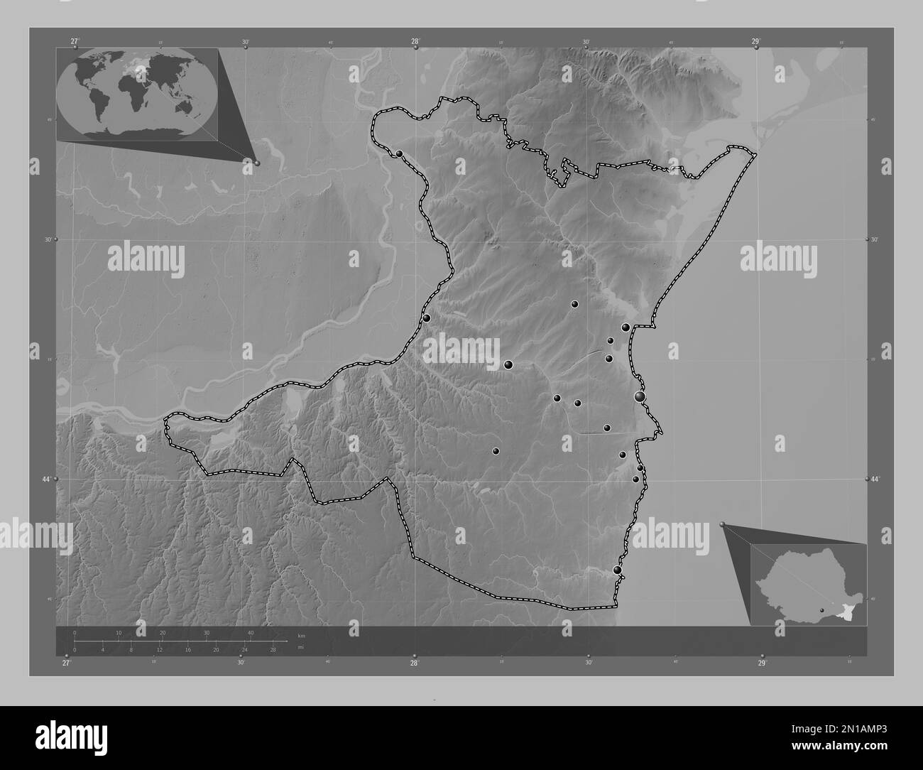 Constanta, county of Romania. Grayscale elevation map with lakes and ...