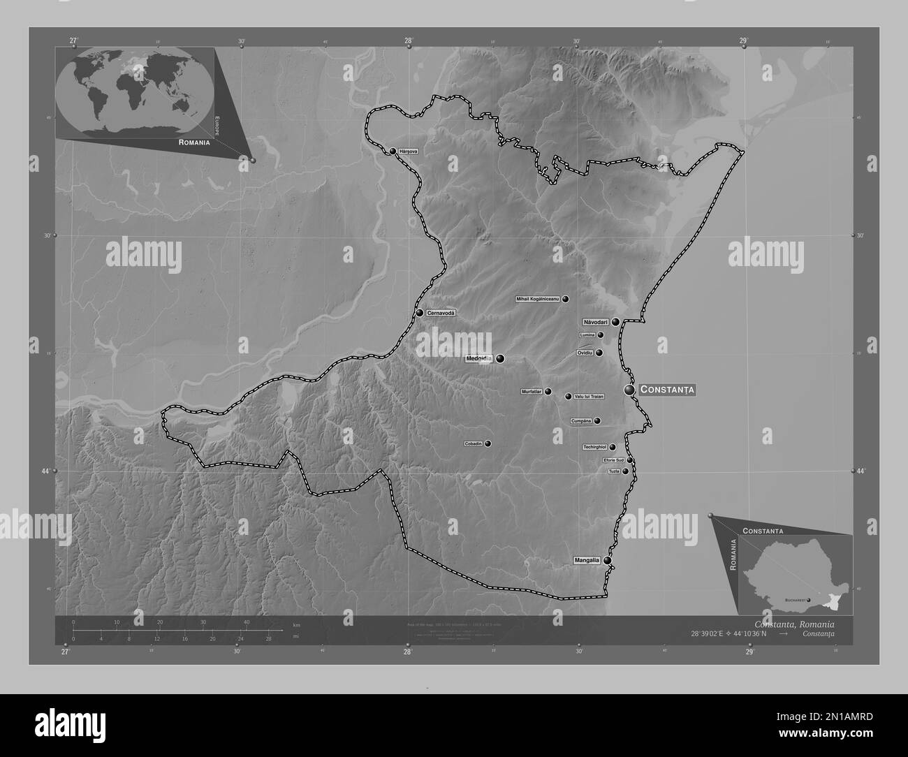 Constanta, county of Romania. Grayscale elevation map with lakes and ...