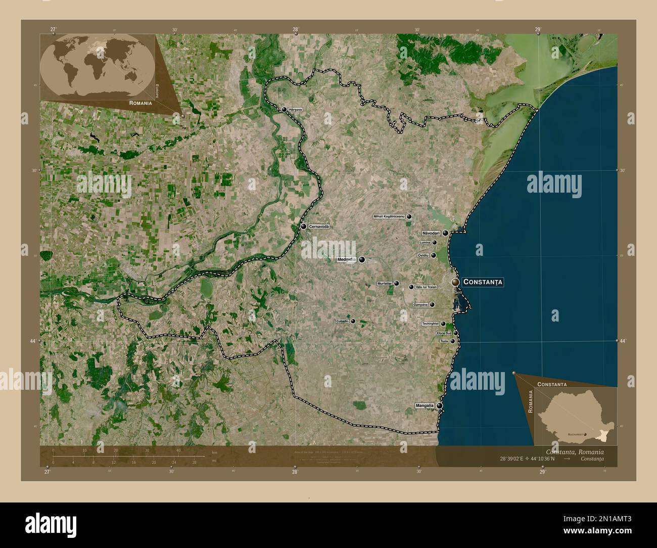Constanta, county of Romania. Low resolution satellite map. Locations ...
