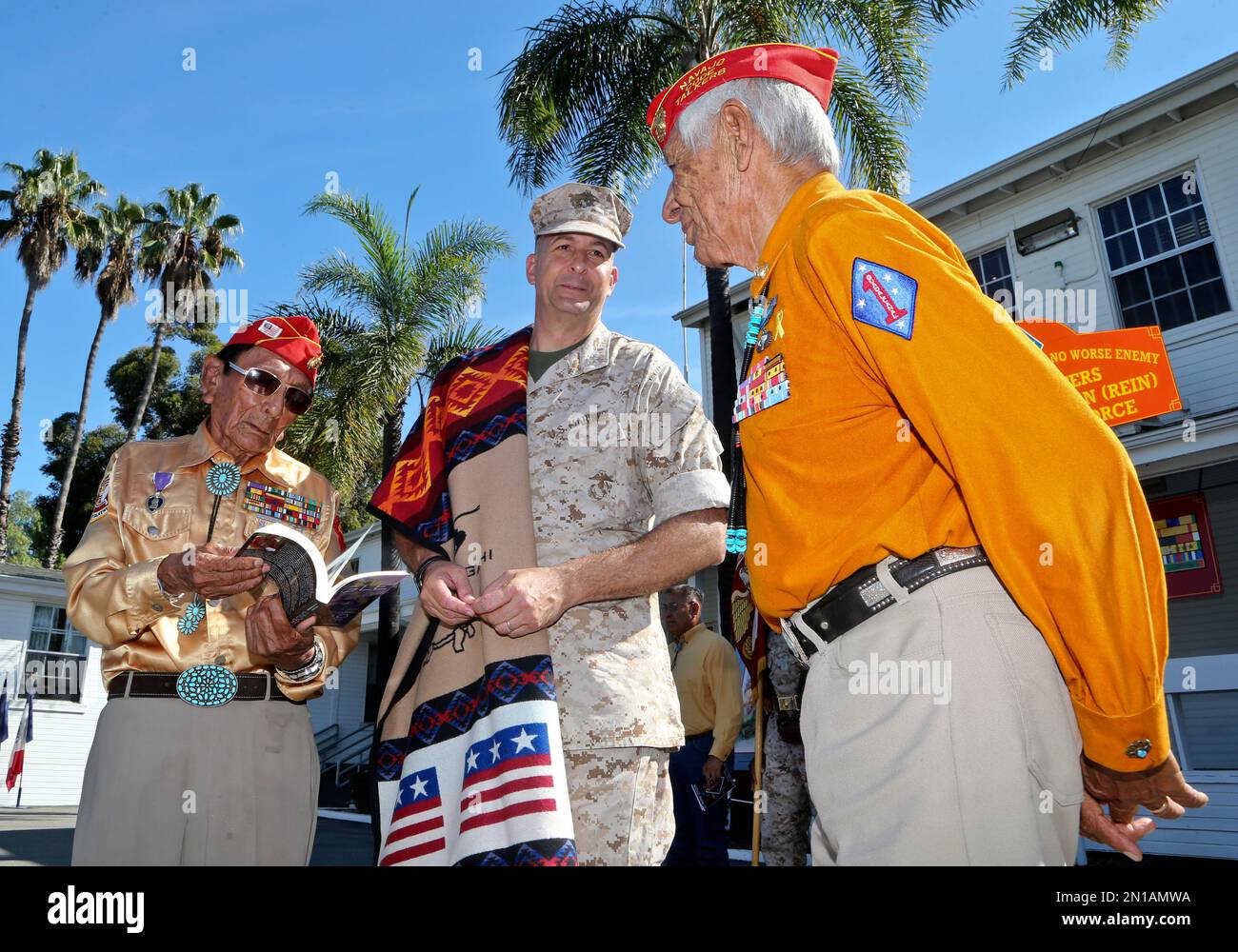 Former United States Marine and Navajo Code Talker Roy Hawthorne, right ...