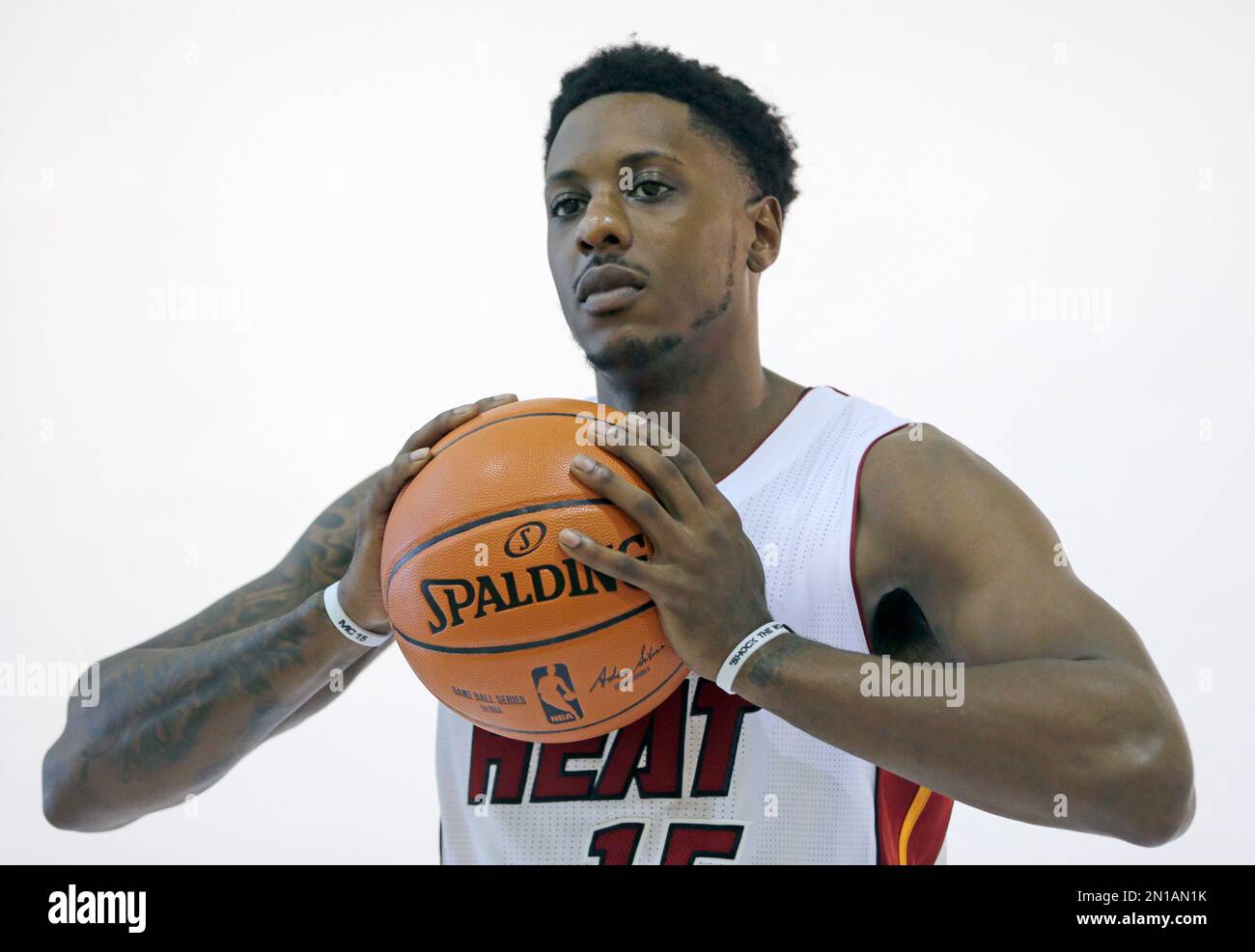 Miami Heat's Mario Chalmers poses for a photo during NBA basketball ...