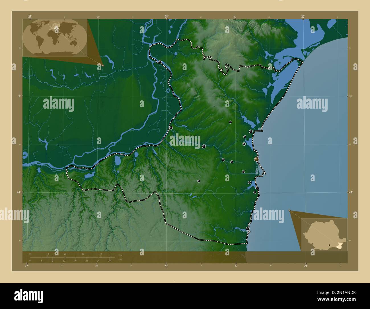 Constanta, county of Romania. Colored elevation map with lakes and ...