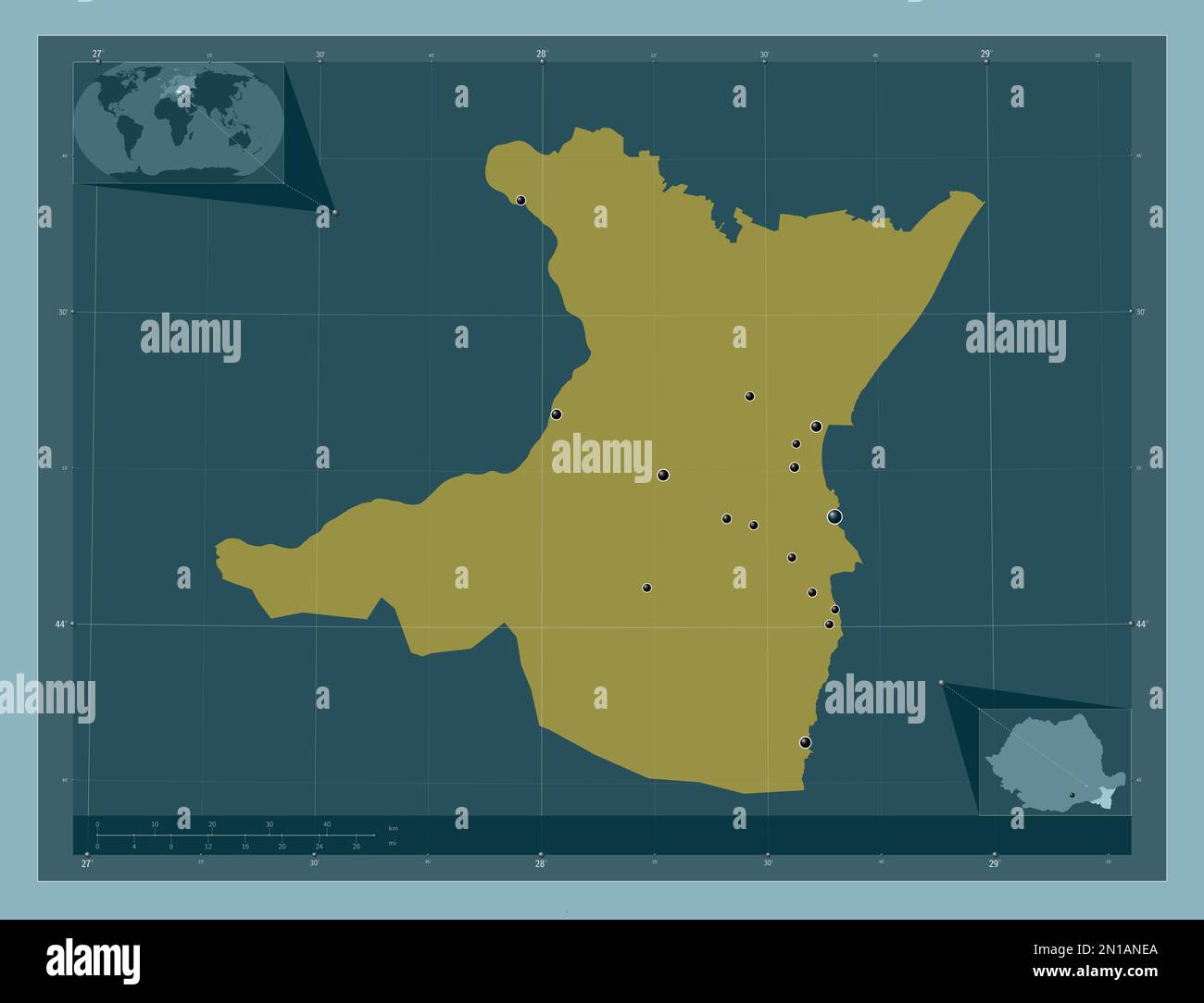 Constanta, county of Romania. Solid color shape. Locations of major ...