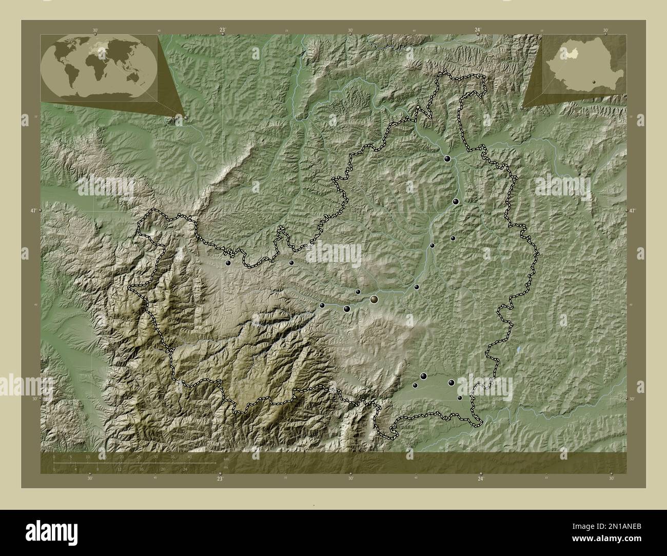 Cluj, county of Romania. Elevation map colored in wiki style with lakes ...