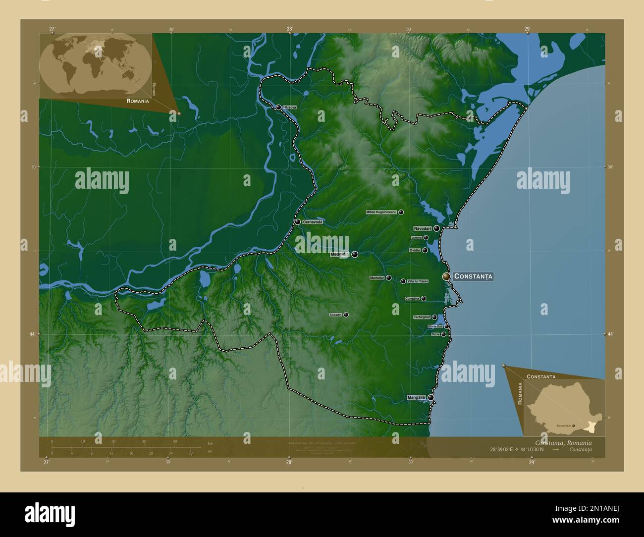 Constanta, county of Romania. Colored elevation map with lakes and ...