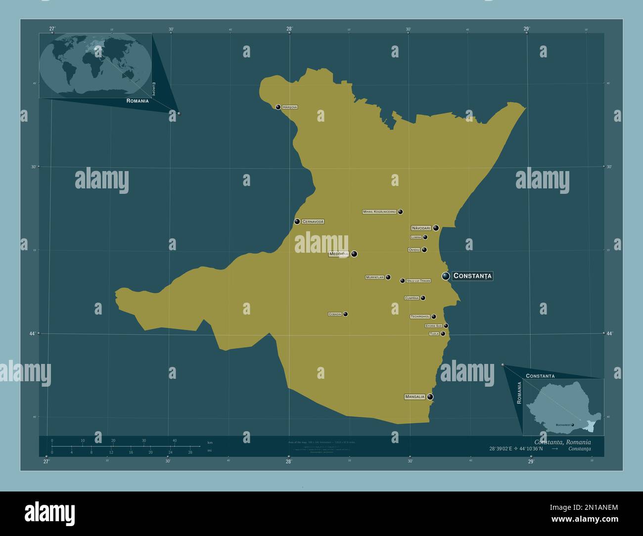 Constanta, county of Romania. Solid color shape. Locations and names of ...
