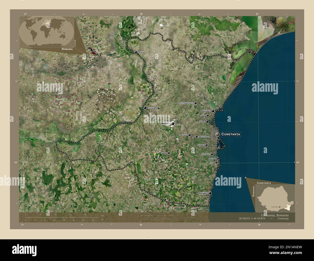 Constanta, county of Romania. High resolution satellite map. Locations ...
